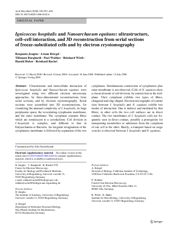 (PDF) Ignicoccus hospitalis and Nanoarchaeum equitans: ultrastructure ...