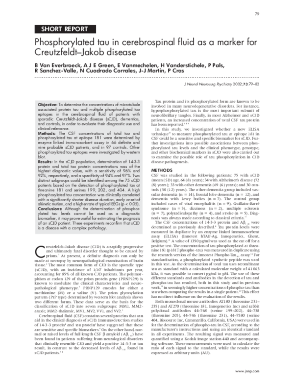 (PDF) Phosphorylated tau in cerebrospinal fluid as a marker for Creutzfeldt-Jakob disease