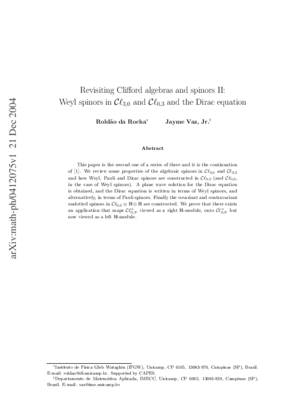 (PDF) Revisiting Clifford algebras and spinors II: Weyl spinors in Cl ...
