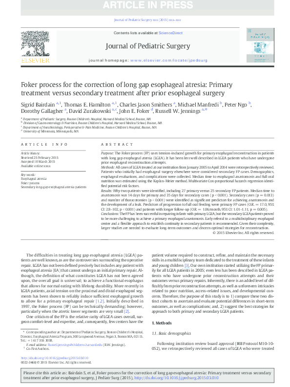 (PDF) Foker process for the correction of long gap esophageal atresia ...