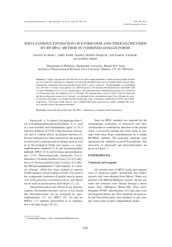 Pdf Simultaneous Estimation Of Etoricoxib And Thiocolchicoside By Rp Hplc Method In Combined
