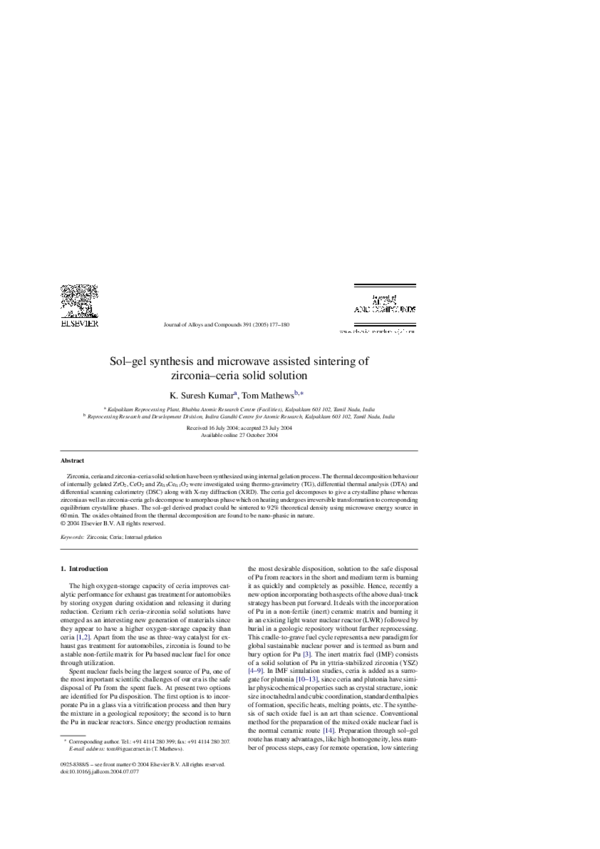 (PDF) Sol–gel synthesis and microwave assisted sintering of zirconia–ceria solid solution