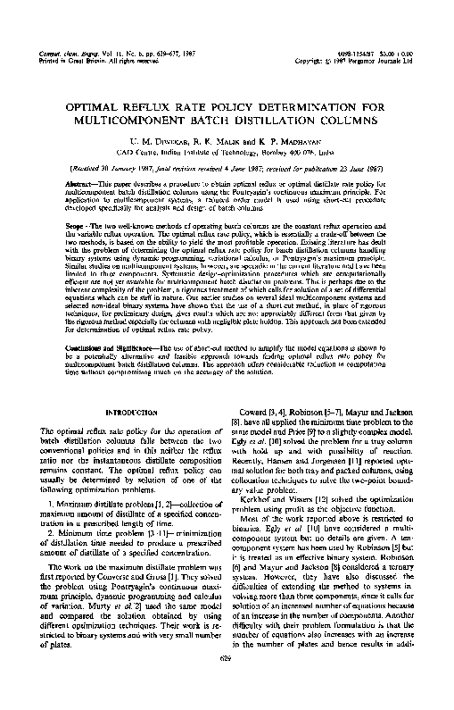 (PDF) Optimal reflux rate policy determination for multicomponent batch distillation columns