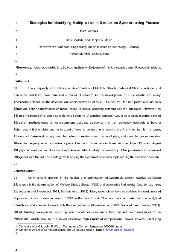 Doc Strategies For Identifying Multiplicities In Distillation Systems Using Process Simulators