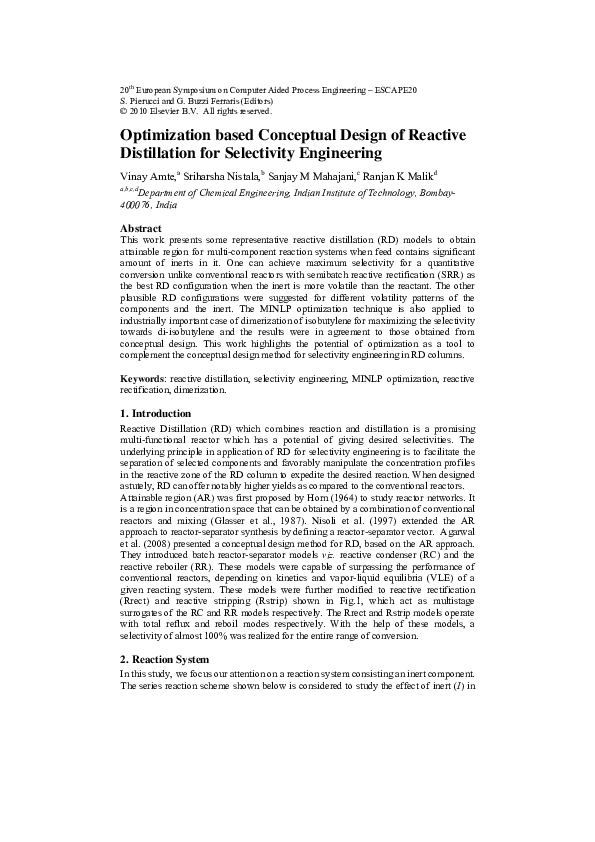 Pdf Optimization Based Conceptual Design Of Reactive Distillation For Selectivity Engineering