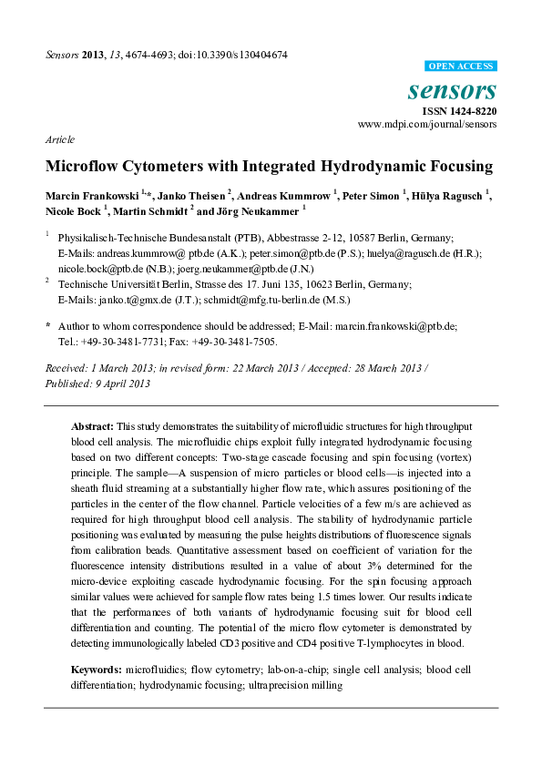 (PDF) Microflow Cytometers with Integrated Hydrodynamic Focusing