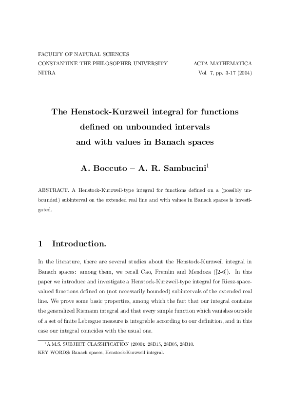 (PDF) The Henstock-Kurzweil integral for functions defined on unbounded intervals and with ...