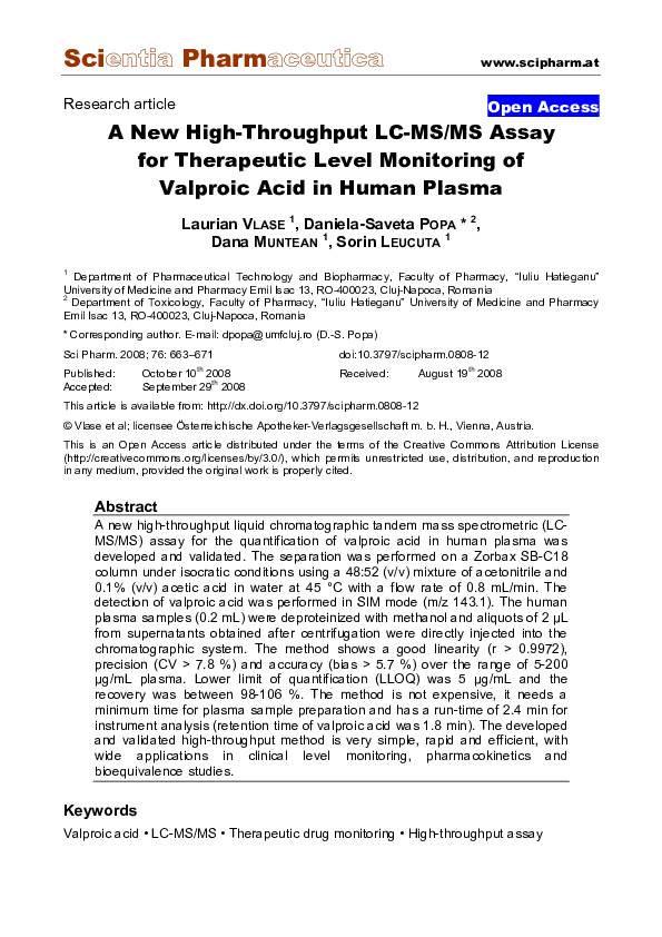 (PDF) A New High-Throughput LC-MS/MS Assay for Therapeutic Level Monitoring of Valproic Acid in ...