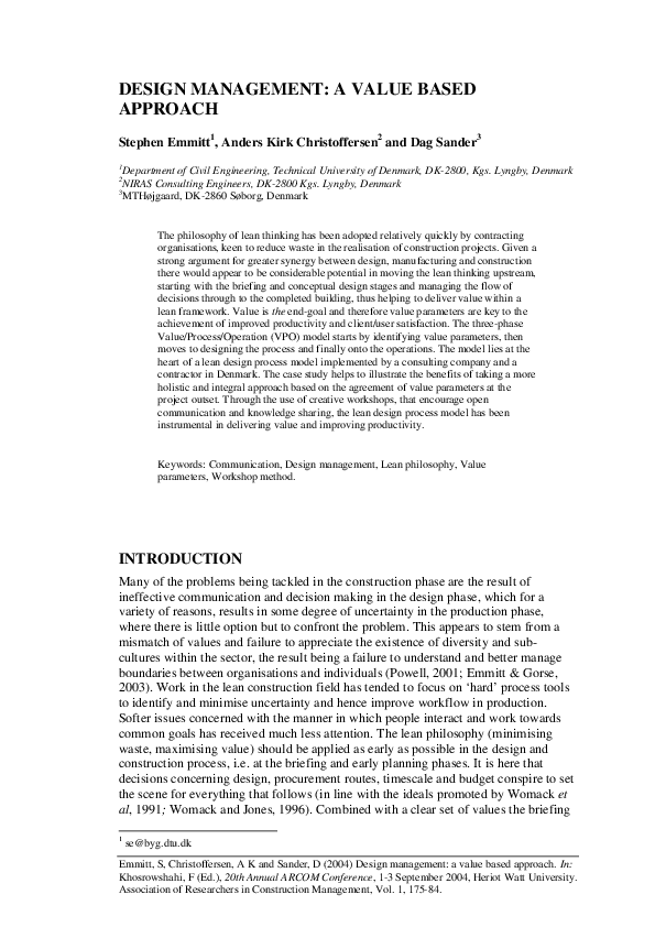 (PDF) DESIGN MANAGEMENT: A VALUE BASED APPROACH