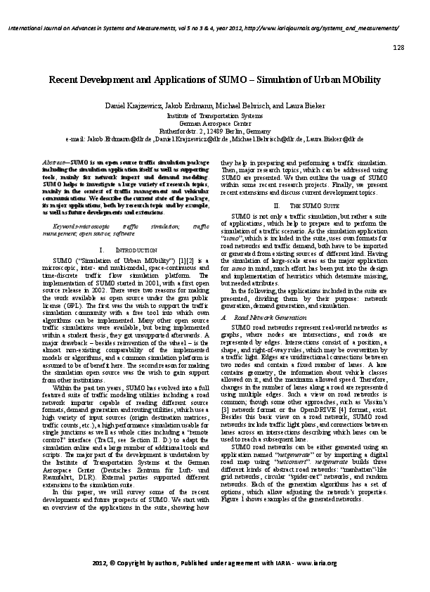 (PDF) Recent development and applications of SUMO–simulation of urban ...