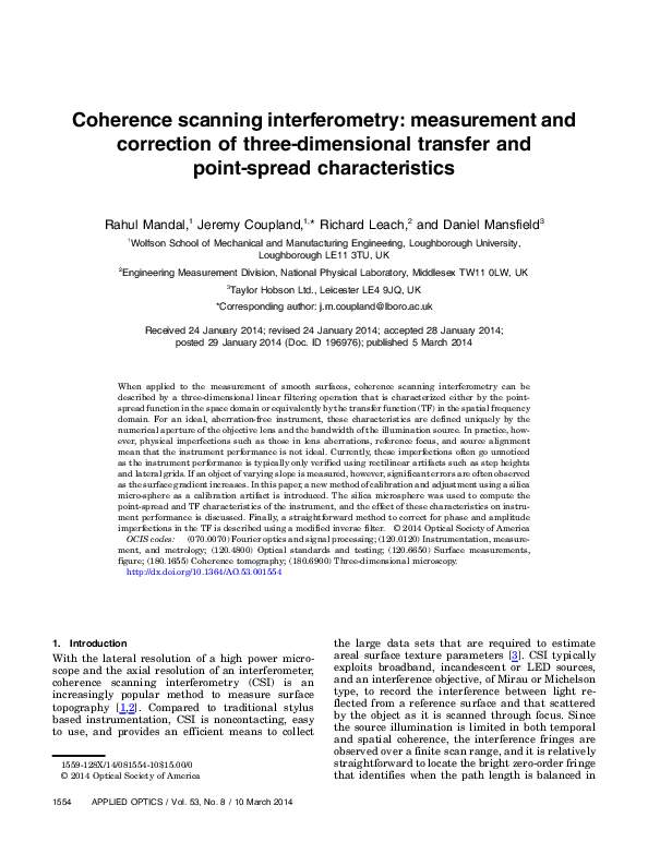 Pdf Coherence Scanning Interferometry Measurement And Correction Of Three Dimensional
