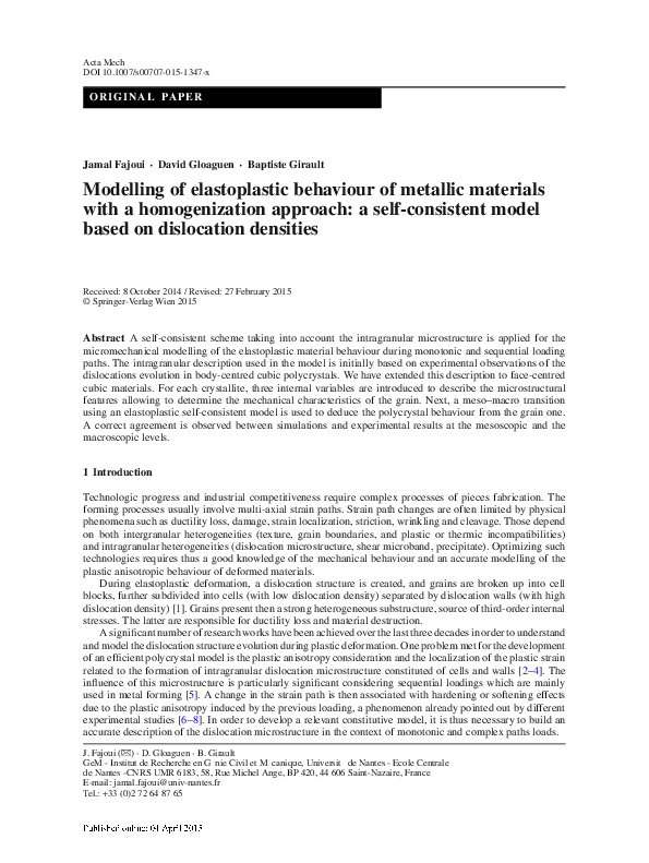 (PDF) Elastoplastic Behaviour Modelling of Metallic Materials via Dislocation Densities