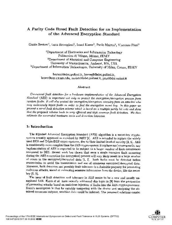 Pdf A Parity Code Based Fault Detection For An Implementation Of The Advanced Encryption