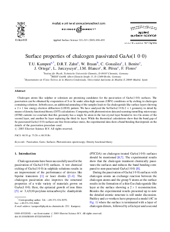 (PDF) Surface properties of chalcogen passivated GaAs(1 0 0) | Thorsten Kampen and Rubén Pérez ...