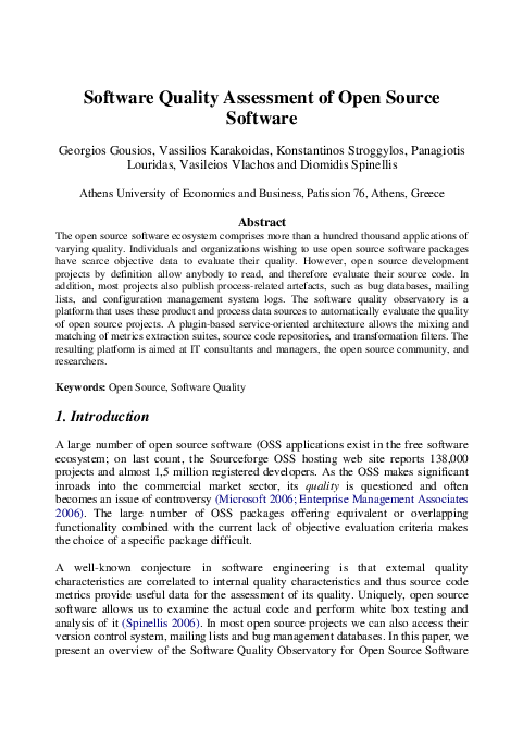 (PDF) Software quality assessment of open source software | Vasileios ...