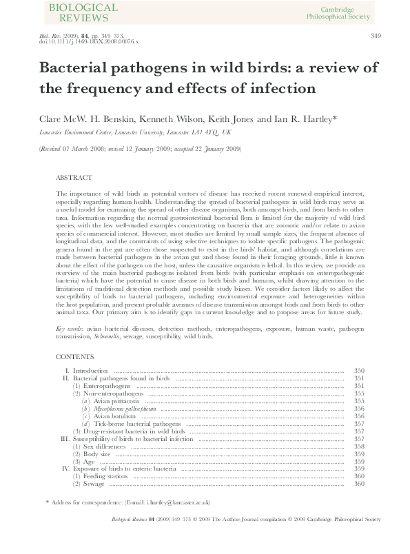 (PDF) Bacterial pathogens in wild birds: a review of the frequency and ...