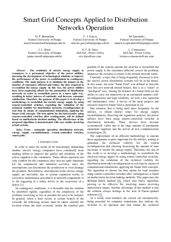 Pdf Smart Grid Concepts Applied To Distribution Network Reconfiguration