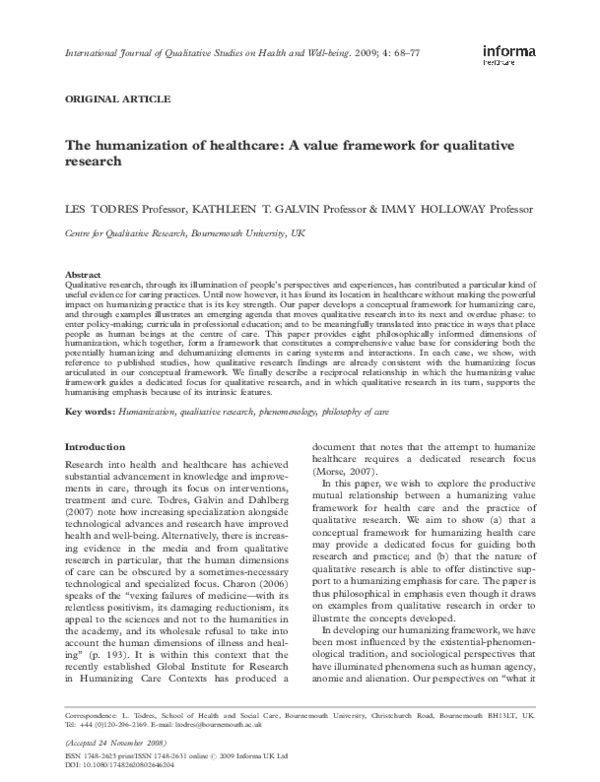 (PDF) The humanization of healthcare: A value framework for qualitative ...