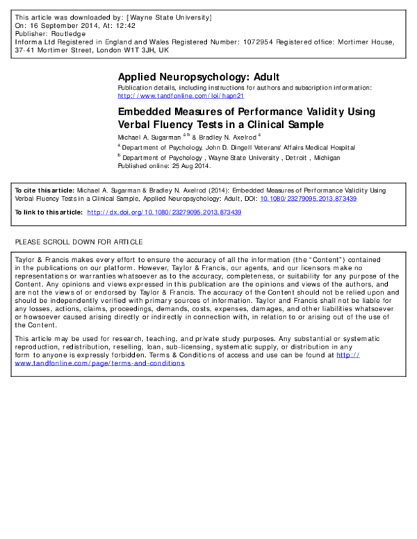 Pdf Embedded Measures Of Performance Validity Using Verbal Fluency