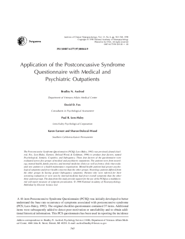 (PDF) Application of the Postconcussive Syndrome Questionnaire with ...