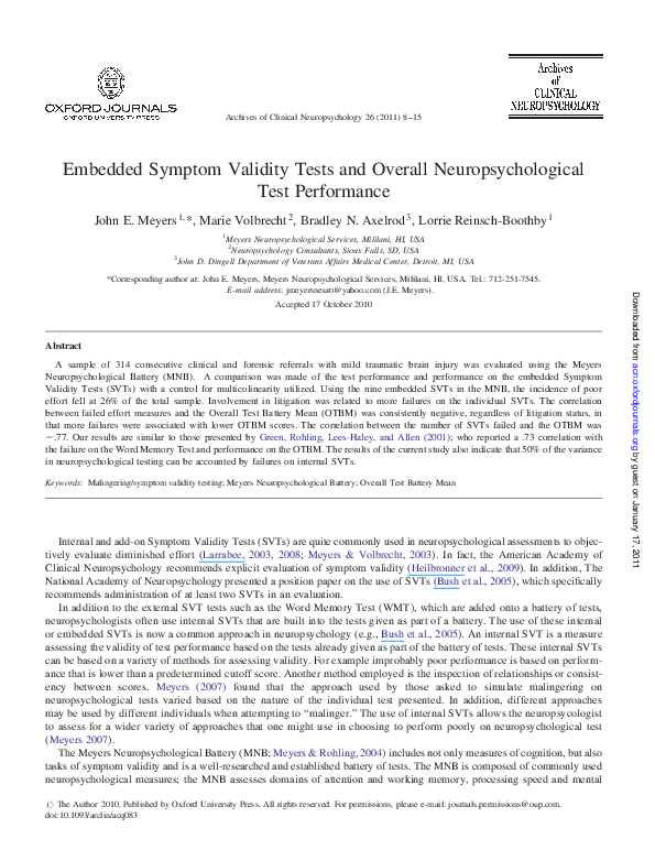 Pdf Embedded Symptom Validity Tests And Overall Neuropsychological