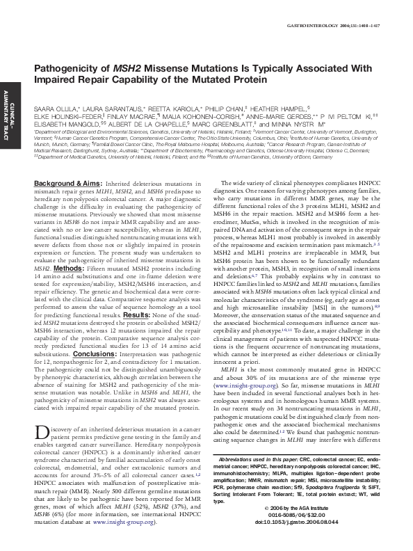 (PDF) Pathogenicity of MSH2 Missense Mutations Is Typically Associated With Impaired Repair ...