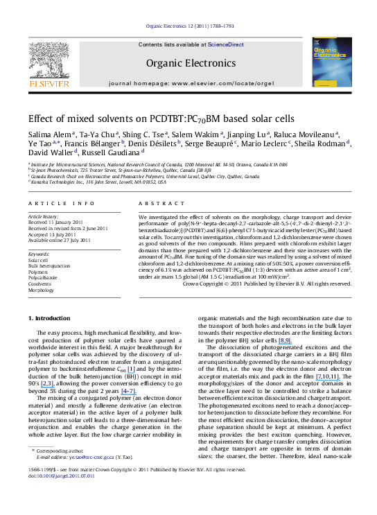 (PDF) Effect of mixed solvents on PCDTBT:PC70BM based solar cells