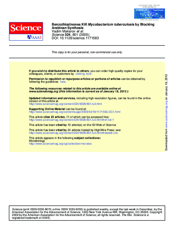(PDF) Benzothiazinones Kill Mycobacterium tuberculosis by Blocking ...