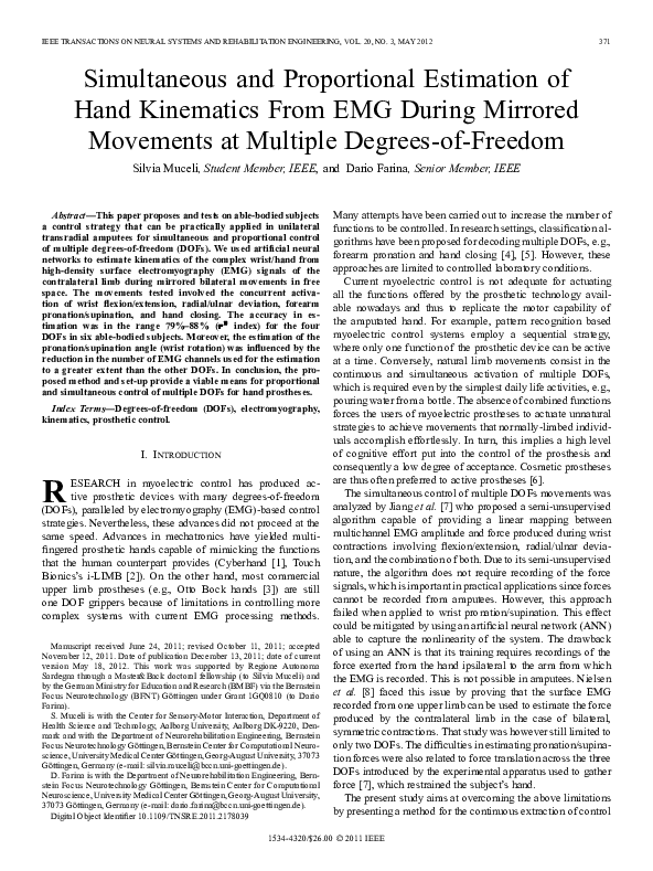 (PDF) Simultaneous and Proportional Estimation of Hand Kinematics From EMG During Mirrored ...