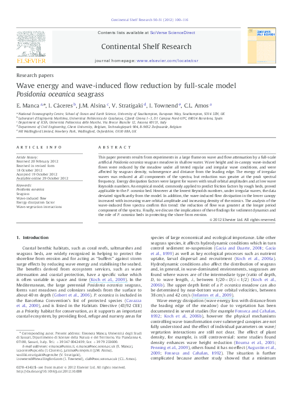 Pdf Wave Energy And Wave Induced Flow Reduction By Full Scale Model Posidonia Oceanica