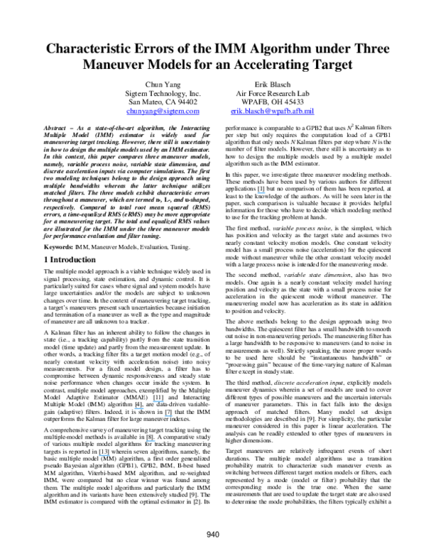 Pdf Characteristic Errors Of The Imm Algorithm Under Three Maneuver