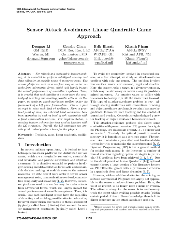 (PDF) Sensor attack avoidance: Linear quadratic game approach | Erik ...