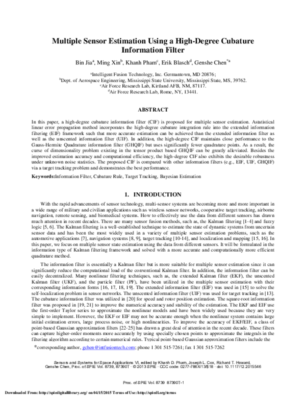 Pdf Multiple Sensor Estimation Using A High Degree Cubature Information Filter