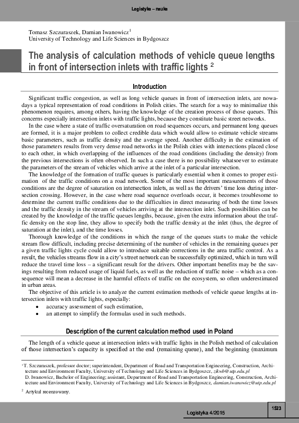 (PDF) The analysis of calculation methods of vehicle queue lengths in front of intersection ...