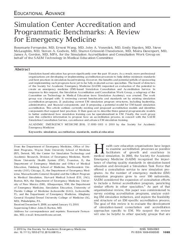 (PDF) Simulation Center Accreditation and Programmatic Benchmarks: A ...