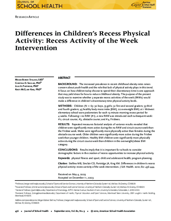 (PDF) Differences in Children's Recess Physical Activity: Recess ...