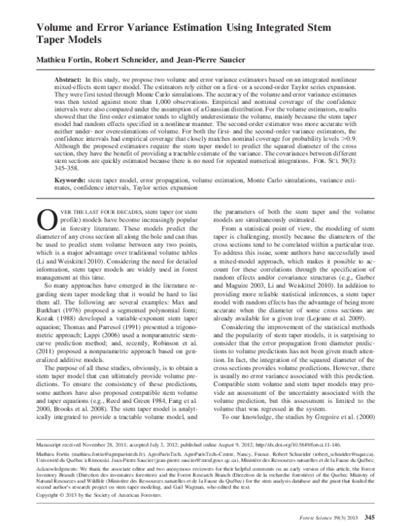(PDF) Volume and Error Variance Estimation Using Integrated Stem Taper Models | Jean-Pierre ...