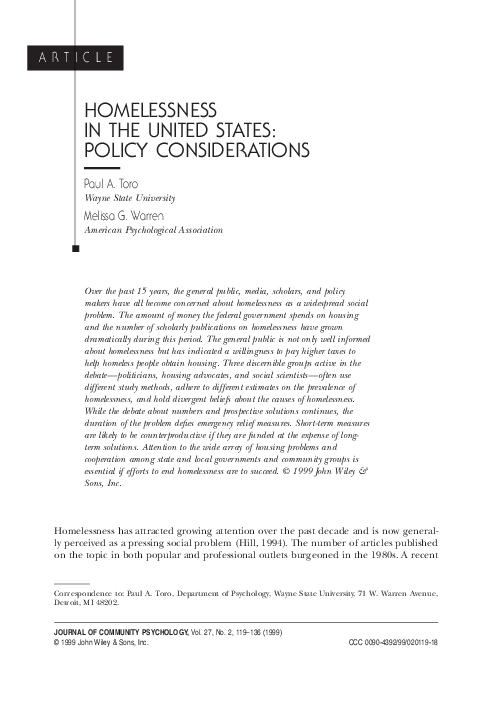 (PDF) Homelessness in the United States: Policy considerations