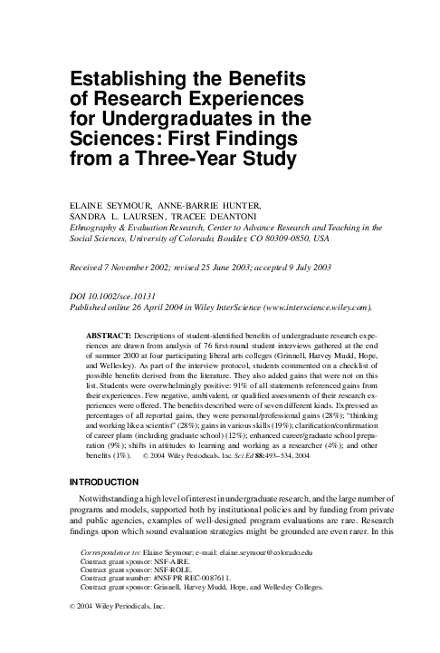 (PDF) Establishing the benefits of research experiences for ...