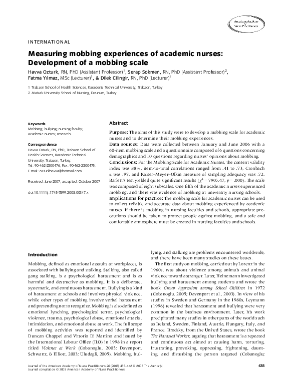 (PDF) Measuring mobbing experiences of academic nurses: Development of ...