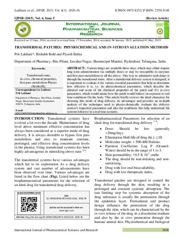 (PDF) TRANSDERMAL PATCHES: PHYSIOCHEMICAL AND IN-VITRO EVALUATION METHODS