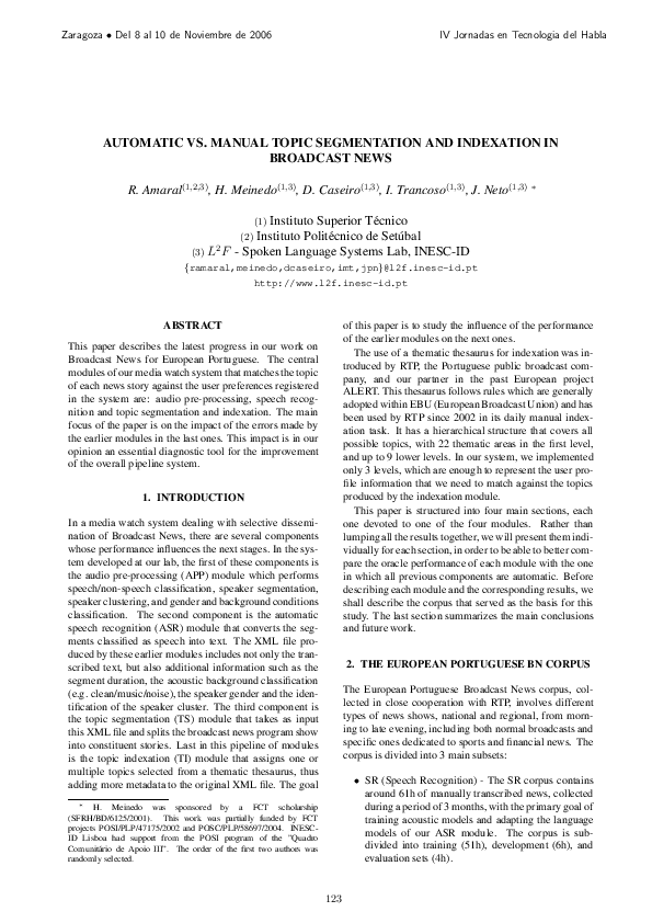 (PDF) Automatic vs. manual topic segmentation and indexation in broadcast news