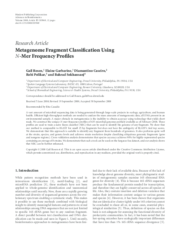 Pdf Metagenome Fragment Classification Using 𝑁 Mer Frequency Profiles