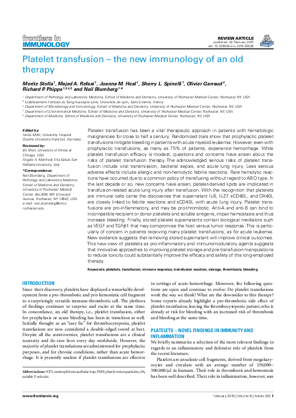 (PDF) Platelet transfusion - the new immunology of an old therapy