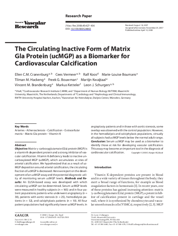 (PDF) The Circulating Inactive Form of Matrix Gla Protein (ucMGP) as a ...