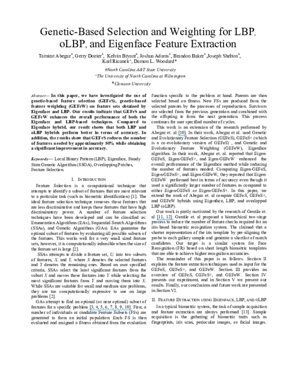 Pdf Genetic Based Selection And Weighting For Lbp Olbp And Eigenface Feature Extraction