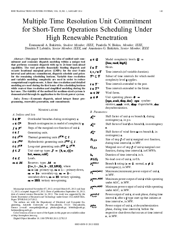 (PDF) Multiple Time Resolution Unit Commitment for Short-Term Operations Scheduling Under High ...