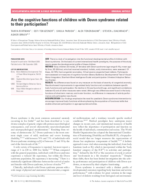 (PDF) Are the cognitive functions of children with Down syndrome ...