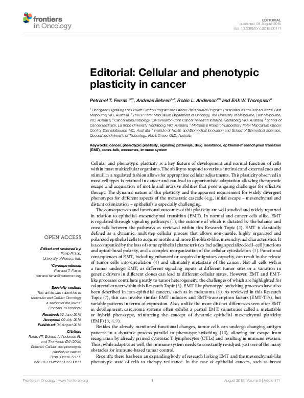 (PDF) Editorial: Cellular and Phenotypic Plasticity in Cancer