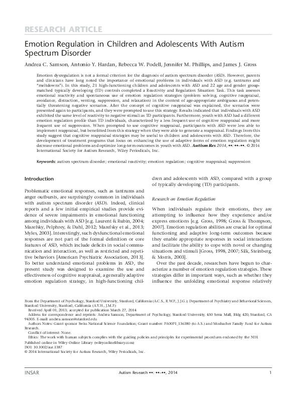 (PDF) Emotion Regulation in Children and Adolescents With Autism ...